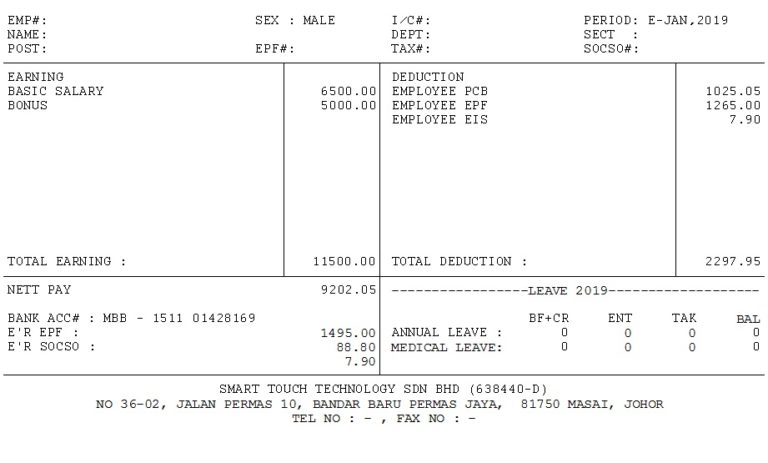 Payslip Template for Payroll Malaysia - Smart Touch Technology